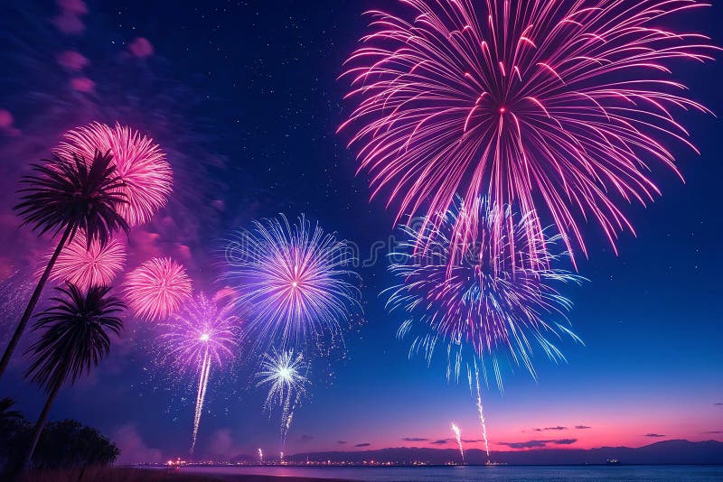 Stunning Fireworks Display Over Beach Stock Illustration - Illustration ...