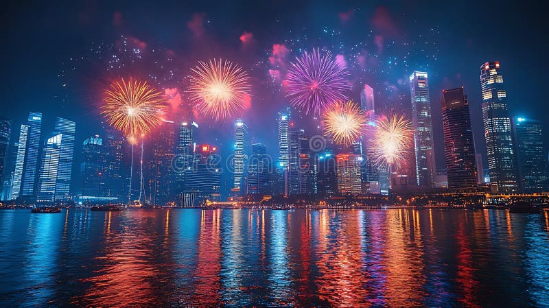 A Stunning Fireworks Display Over a Modern Cityscape at Night ...