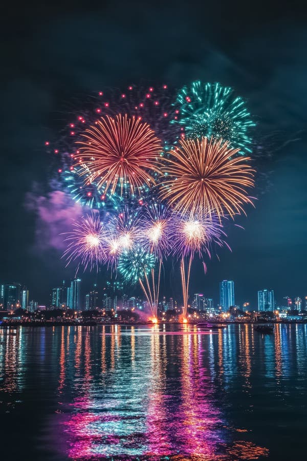 Stunning Fireworks Display Over Water at Night in a Cityscape Setting ...
