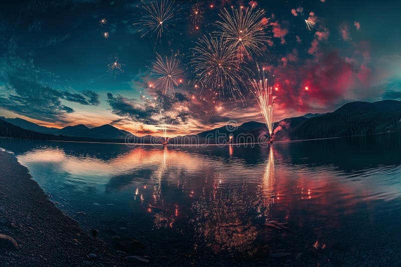 Stunning Fireworks Over the Lake at Night Ai Photo Stock Illustration ...