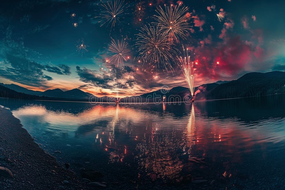 Stunning Fireworks Over the Lake at Night Ai Photo Stock Illustration ...