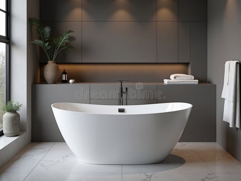 Stunning Freestanding Bath in a Modern Gray Bathroom - Elegant ...