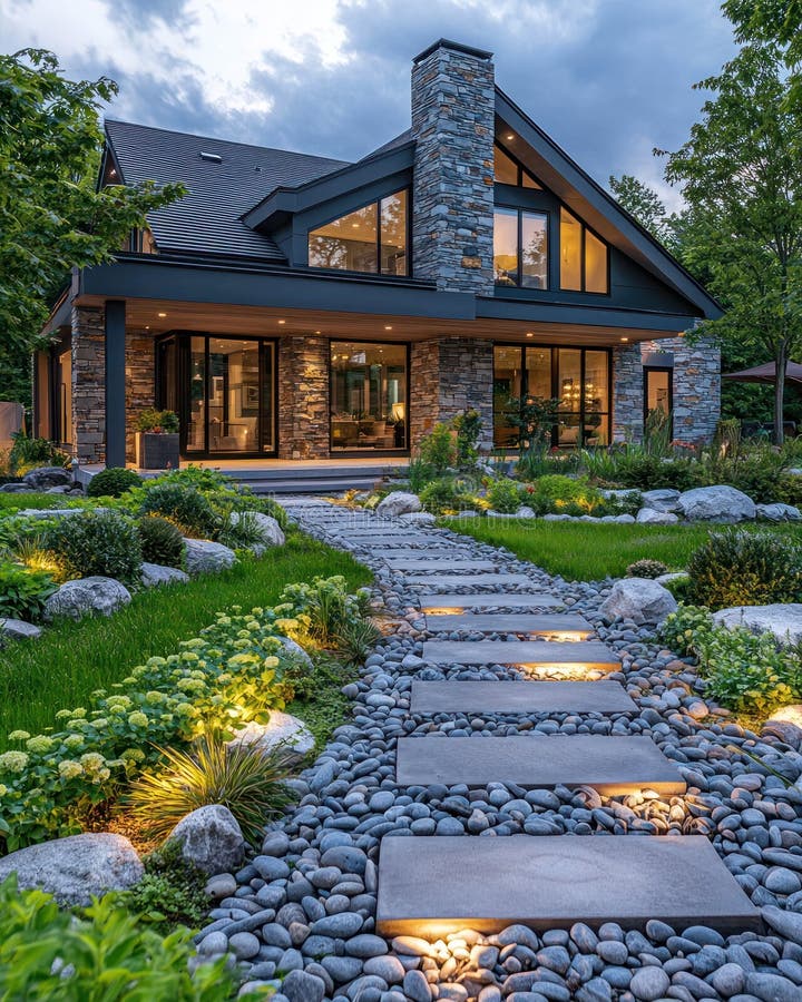 Stunning Front Yard with Landscaped Pathway, Stone Steps, and Lighting ...