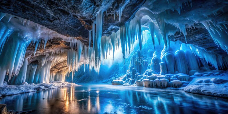 A Stunning Frozen Cave Shimmering Ice Formations Under Dramatic ...