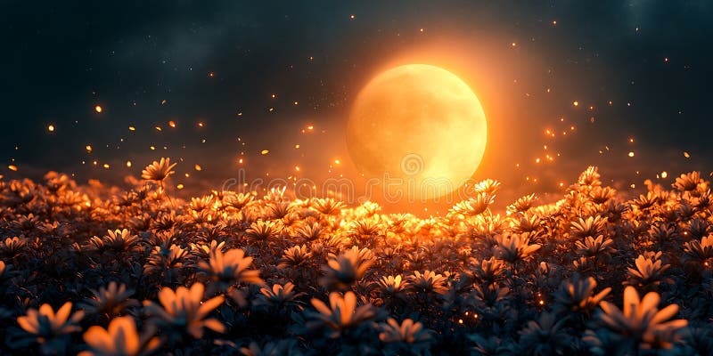 Stunning Full Moon Illuminates a Field of Glowing Flowers Stock ...