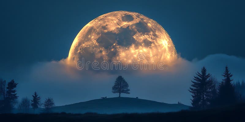 Stunning Full Moon Night Nature Landscape Wallpaper Stock Illustration ...