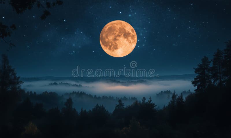 Stunning Full Moon Over Misty Forest Landscape at Night with Starry Sky ...