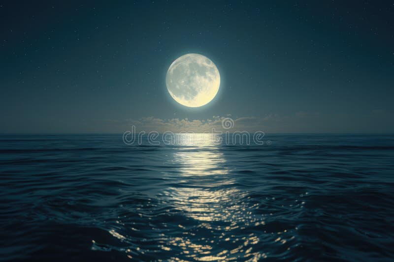 A Stunning Full Moon Shining Over the Dark Ocean. Perfect for Night ...