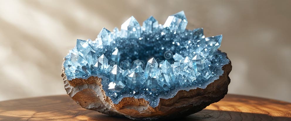 Stunning Geode with Blue Crystals Illuminated by Soft Light on a Wooden ...
