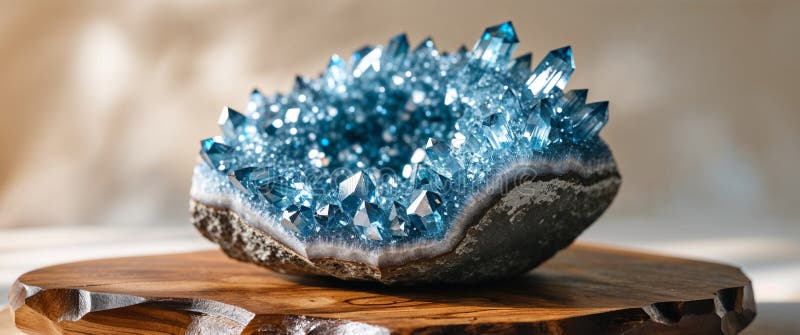 Stunning Geode with Blue Crystals Illuminated by Soft Light on a Wooden ...
