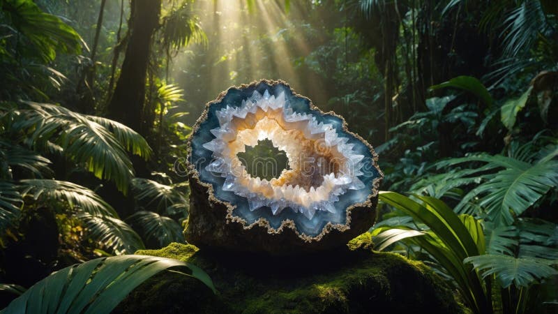 Luminous Geode Crystal in Lush Tropical Rainforest Setting Stock ...