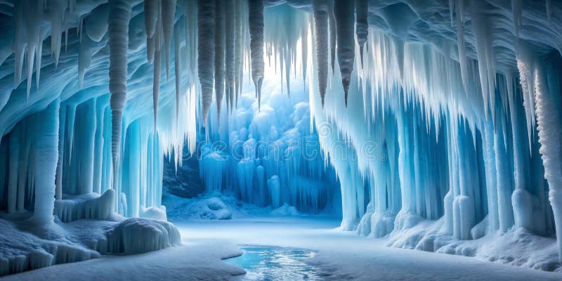 Stunning Glacial Ice Cave with Vibrant Blue Hues and Dramatic Icicle ...