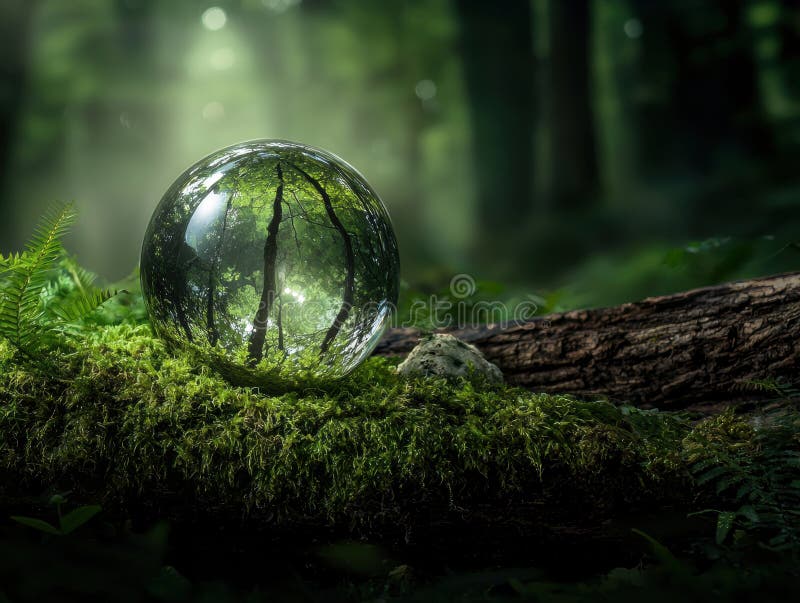 A Stunning Glass Sphere Resting Elegantly on a Lush Mossy Log for ...