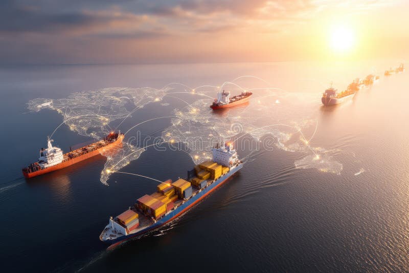 Global Map Overlay on Ocean Surface with Cargo Ships Navigating in the ...