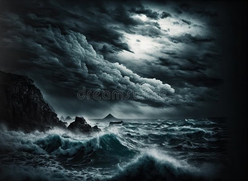 A Stunning Gloomy Sky and a Dark, Stormy Sea Stock Illustration ...