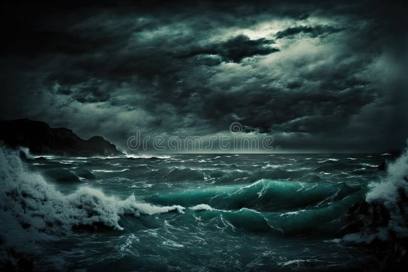 A Stunning Gloomy Sky and a Dark, Stormy Sea Stock Illustration ...