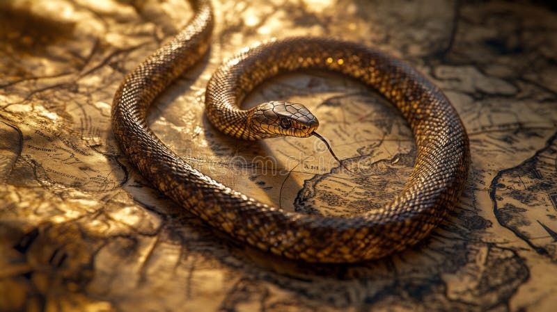 A Stunning Golden Snake Coils Elegantly on a Textured Surface. Its ...