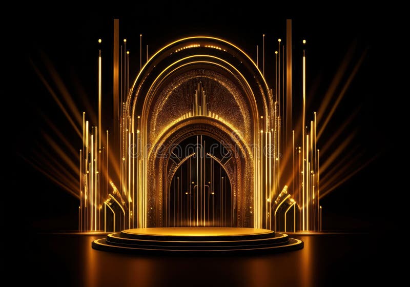 Golden Stage Backdrop with Illuminated Arches and Radiant Light Beams ...