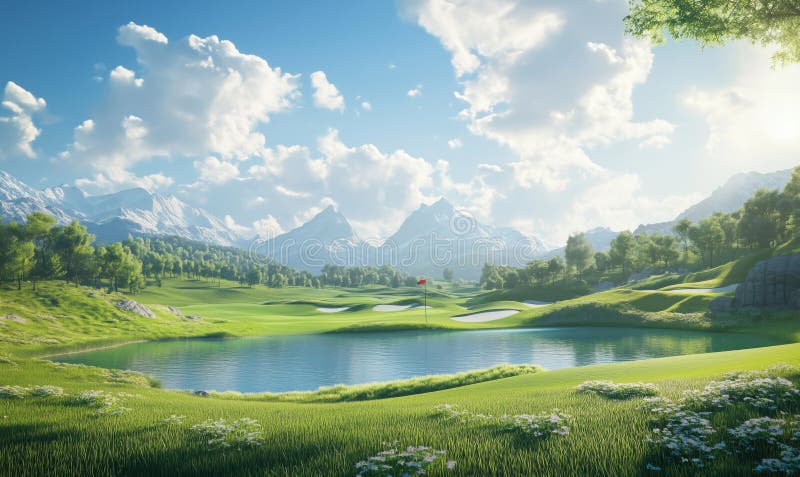 Stunning Golf Course Landscape with Mountains, Lake, and Vibrant ...