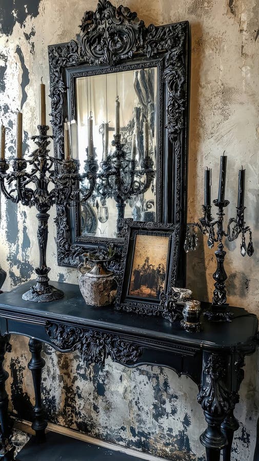 Gothic Decor Black Ornate Console Table with Mirror and Candelabras ...