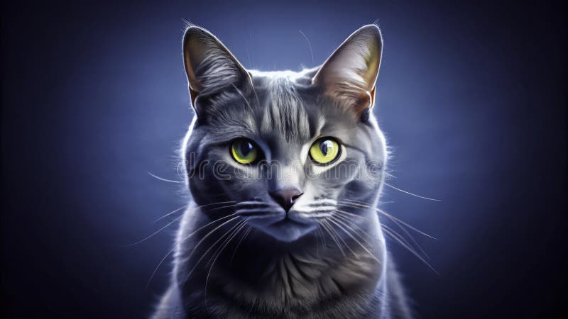 A Stunning Gray Cat Portrait Against a Deep Blue Background Captured ...