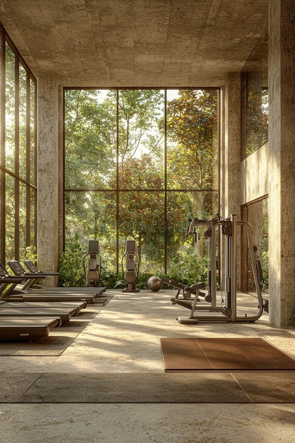 Stunning Gym Scene with High End Equipment, Large Windows, and Greenery ...