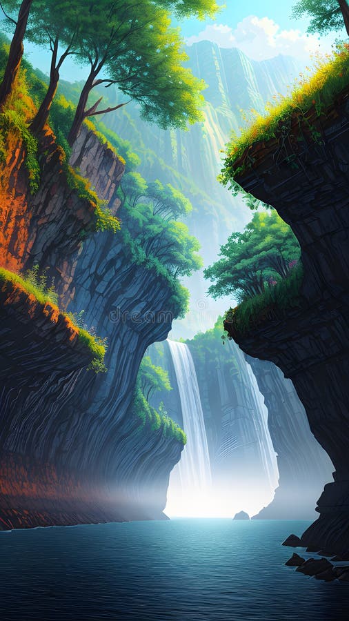 Stunning Heaven Waterfall in a Wild Forest Stock Illustration ...