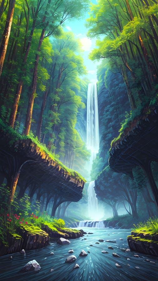 Stunning Heaven Waterfall in a Wild Forest Stock Illustration ...