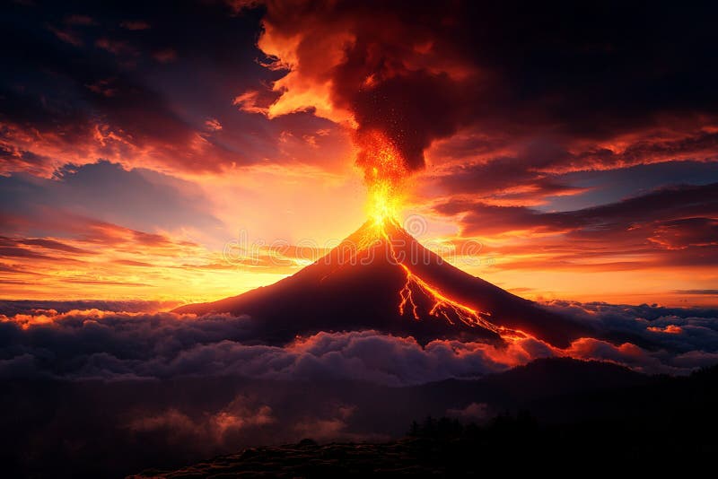 Stunning High Angle View of Erupting Volcano with Flowing Lava ...