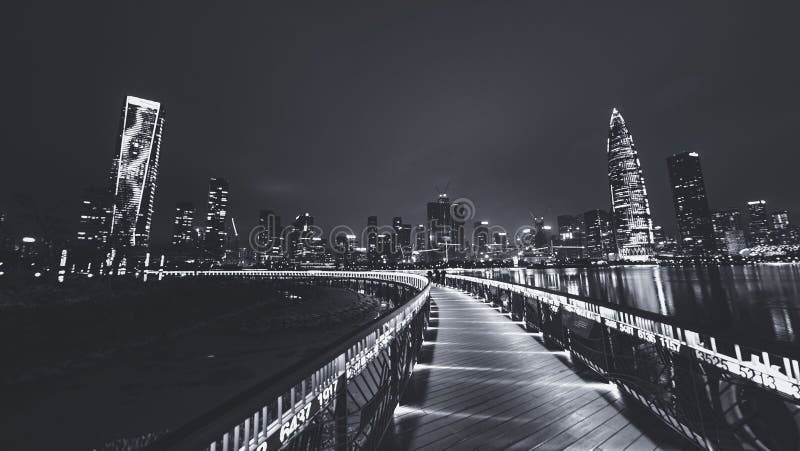 A Greyscale Night View of the District Shenzhen Bay, Houhai District ...