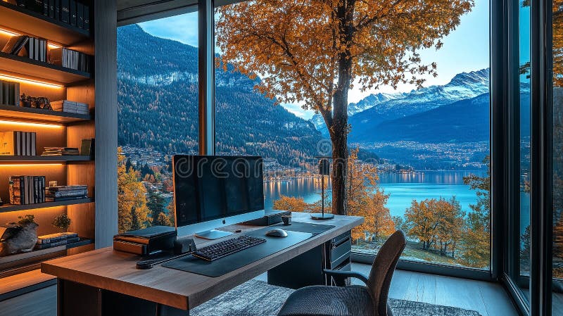 Stunning Home Office with Panoramic Lake and Mountain View Stock Image ...