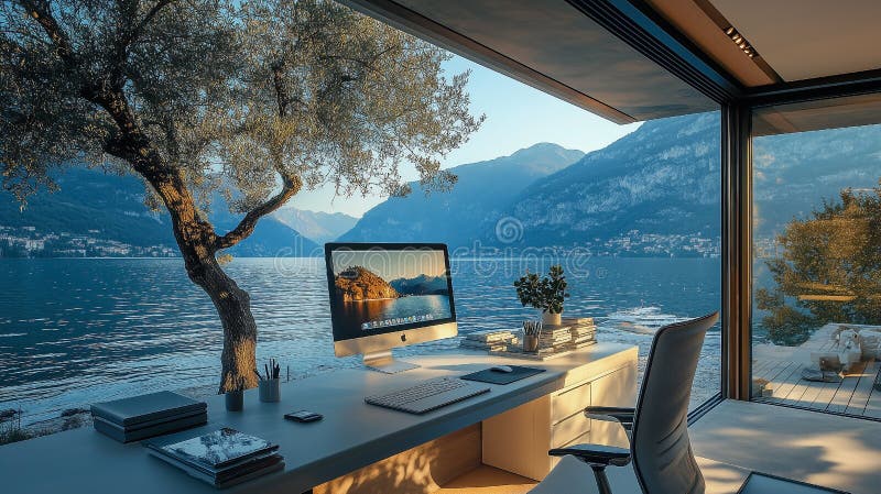 Stunning Home Office with Panoramic Lake and Mountain View Stock Photo ...