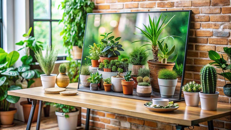 Stunning Horizontal Poster Mockup on a Tabletop Surrounded by Greenery ...