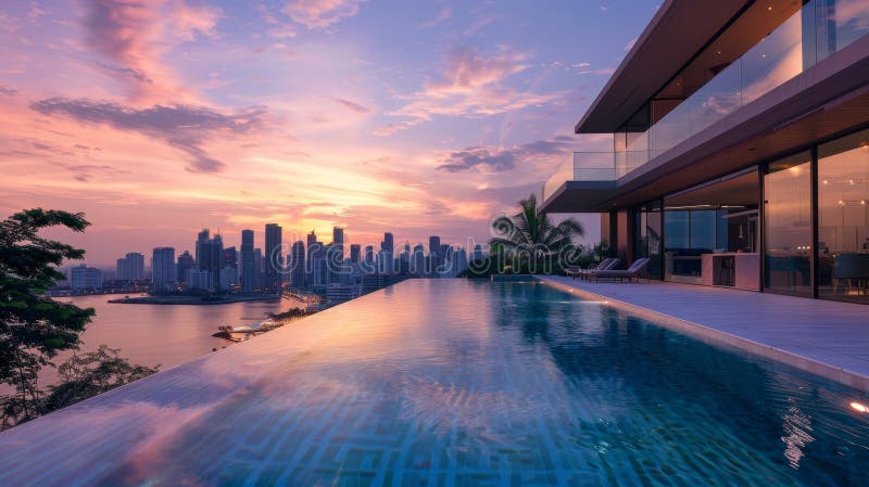 Stunning House with Rooftop Infinity Pool and City Skyline View. Stock ...