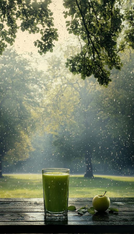 Stunning Hyper Realistic Image of Green Juice and Apple with Misty Park ...