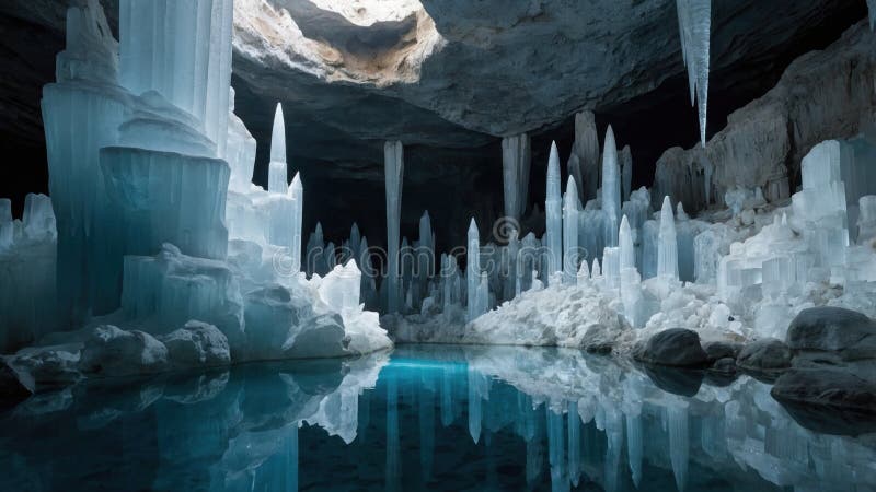 Stunning Ice Formations in an Underground Lake Cave Stock Illustration ...