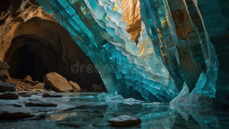 Stunning Teal Ice Cave Formation with Crystal Clear Water Stock ...