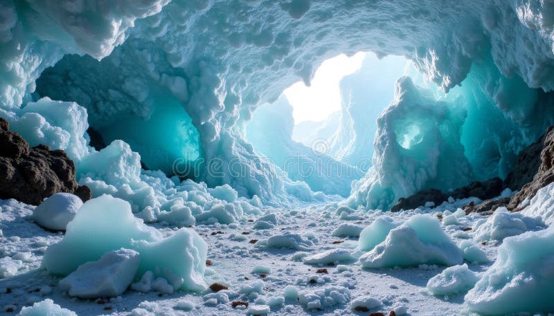 Stunning Ice Cave with Turquoise Hues and Textured Formations ...
