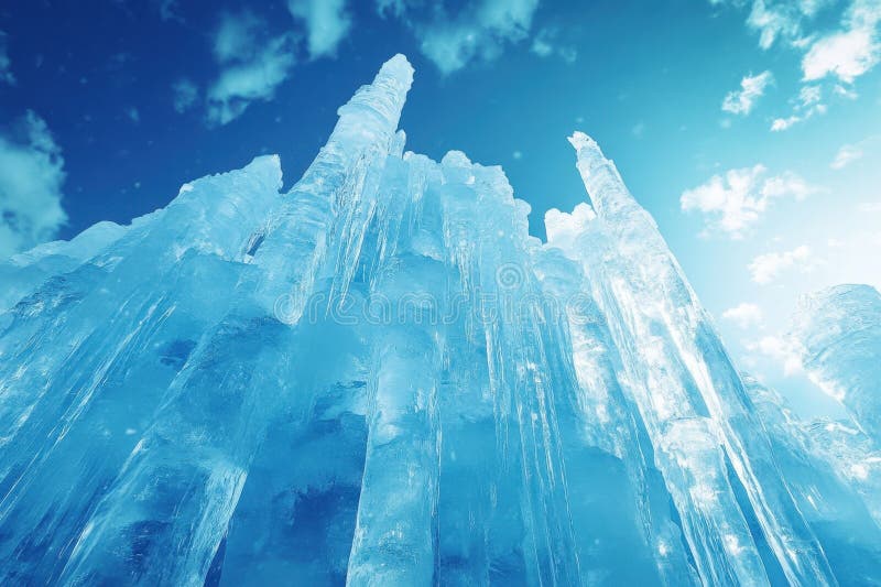 Stunning Ice Formations Rise Towards a Bright Blue Sky with Fluffy ...