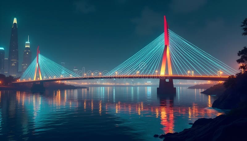 Stunning Illuminated Cable-Stayed Bridge at Night – Modern ...