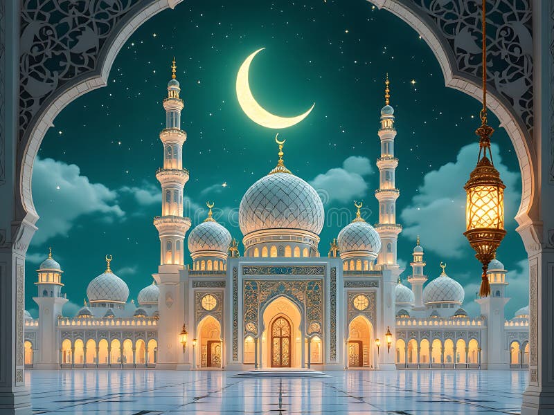 Stunning Illuminated Mosque at Night Under a Starry Sky Stock ...