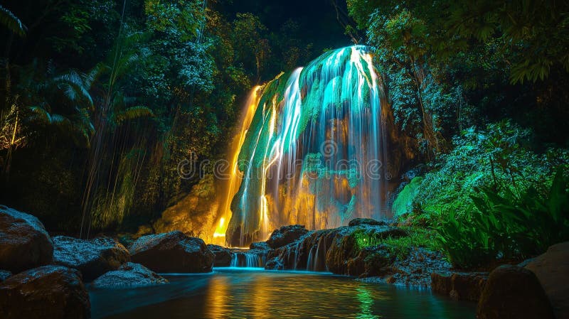 Stunning Illuminated Waterfall Surrounded by Lush Greenery at Night ...