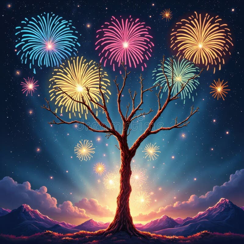 Tree with Fireworks Generative AI Stock Illustration - Illustration of ...