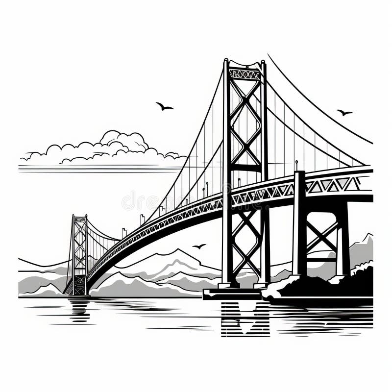 Black and White Bay Bridge Drawing in Colored Cartoon Style Stock ...