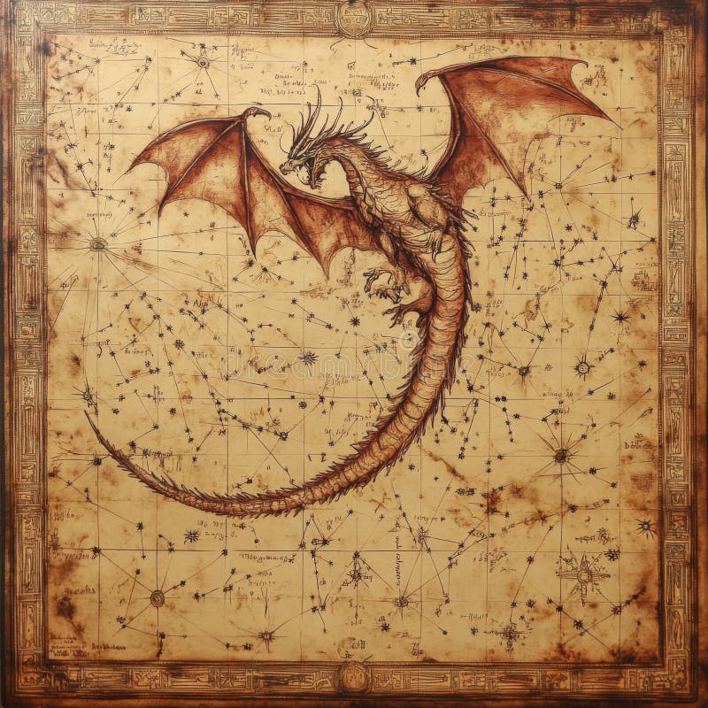 Detailed Dragon Illustration Overlaid on Celestial Star Map Stock ...