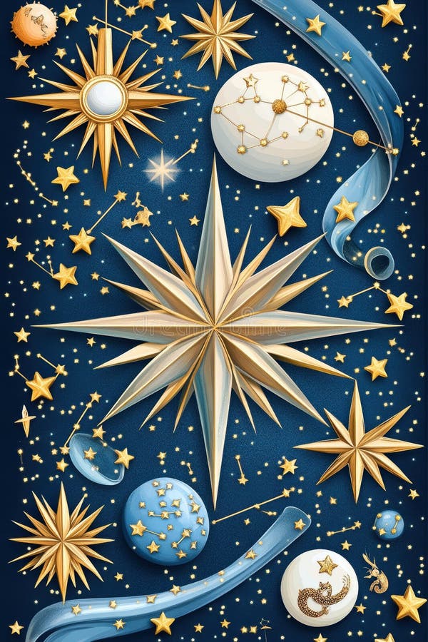 Celestial Elements in Starry Night Sky Design Stock Illustration ...
