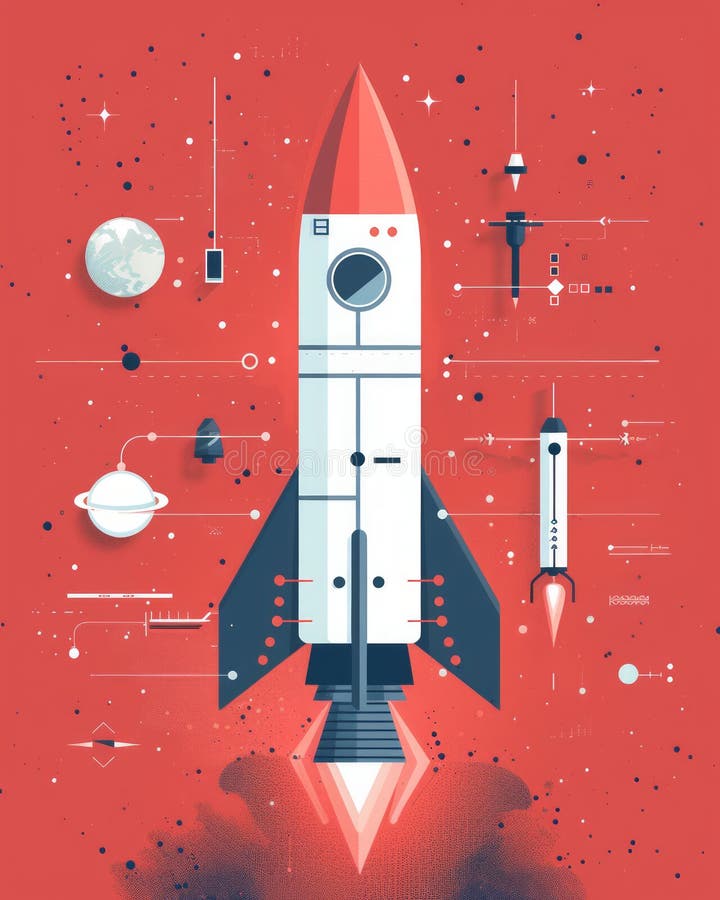 Stunning Illustration Of A Rocket Launch With Scientific Elements And Space Objects Highlighting