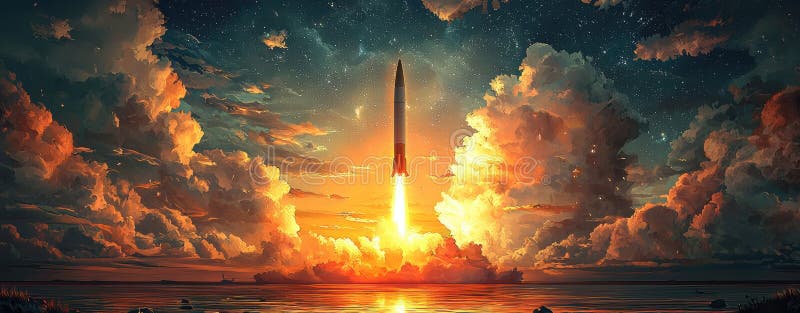 Rocket Launch at Sunset stock illustration. Illustration of starry ...