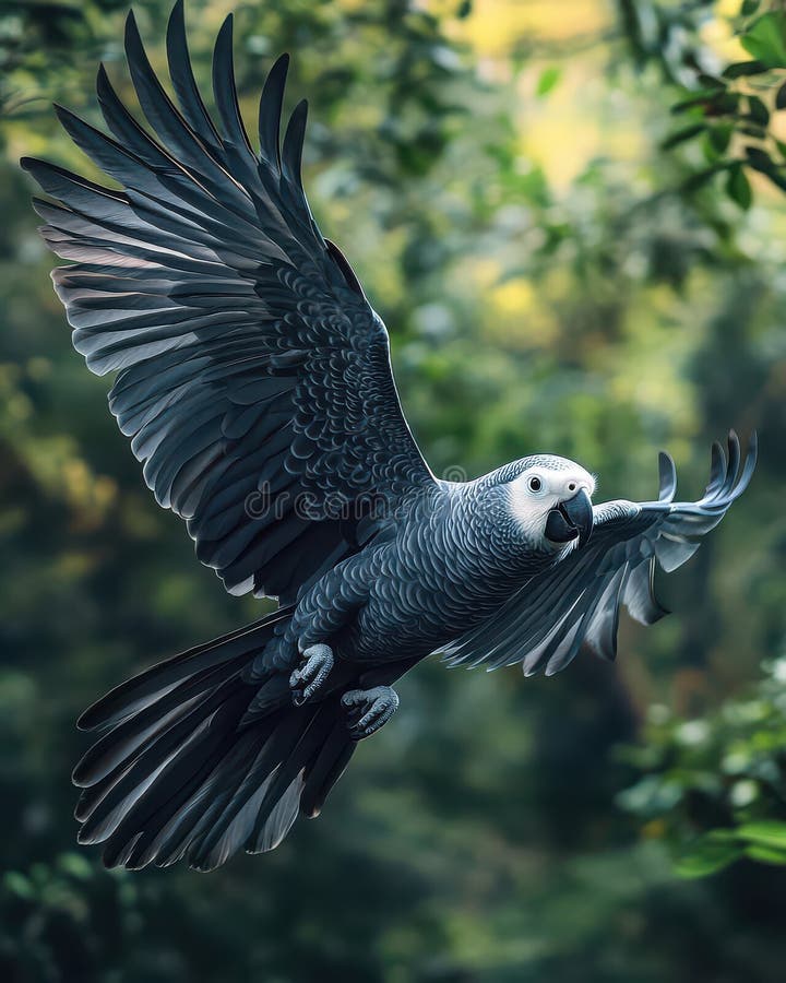 African Grey Parrot in Mid-Flight with Wings Spread in Lush Forest ...