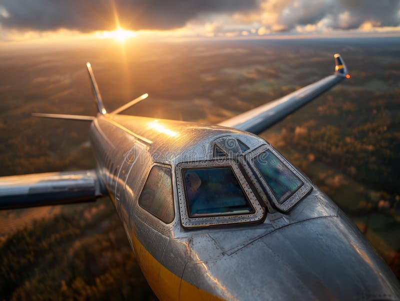 Airplane Flying Over Landscape at Sunset with Cloudy Sky and Dramatic ...
